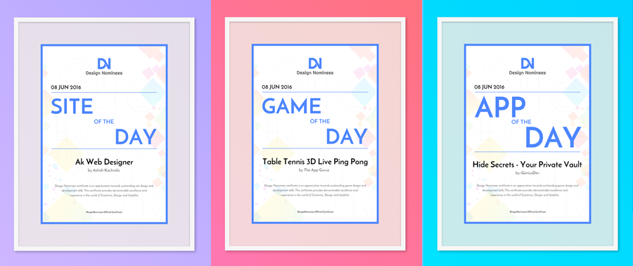 Certificates for Web, Game and App Award Winners - Design Nominnes